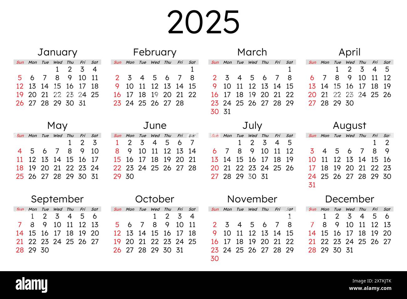 2025 english vector calendar: Modern, clean design with 12 months ...