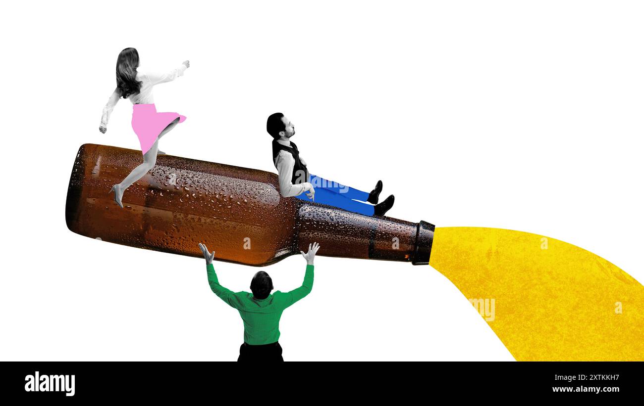 Business people, employees interacting with beer bottle. Navigating ...
