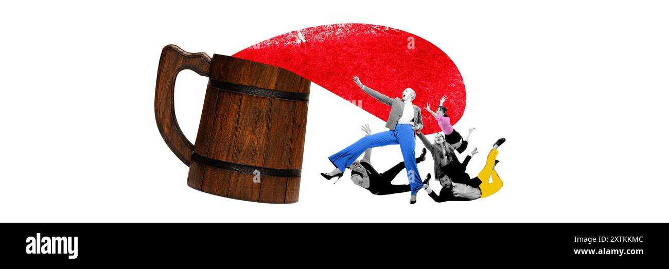 Group of people, employees running forward to wooden beer mug ...