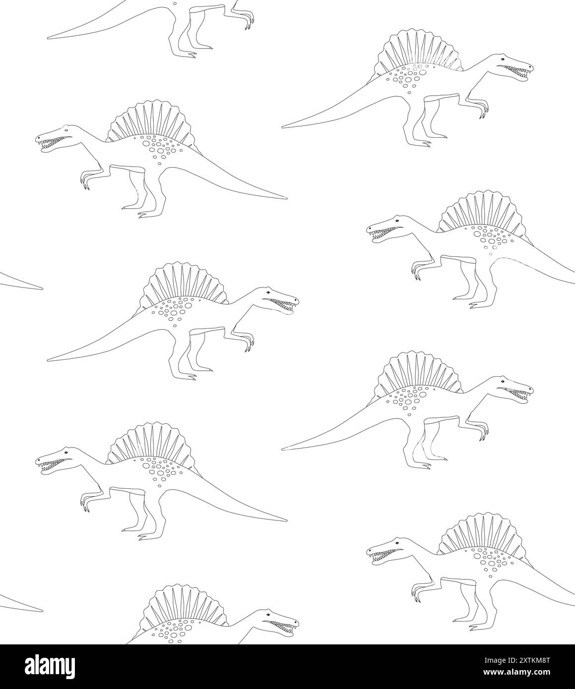 Vector seamless pattern of flat hand drawn outline spinosaurus dinosaur isolated on white ...