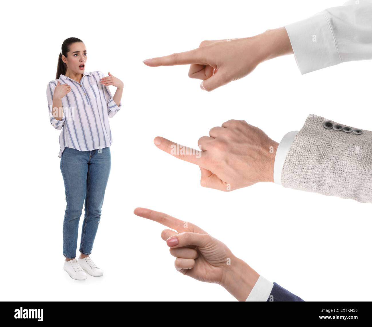People pointing at confused woman on white background. Social pressure ...