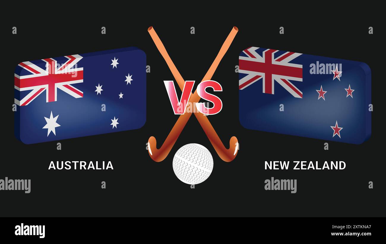 Australia vs New Zealand hockey match: flag symbols, hockey sticks, and ...