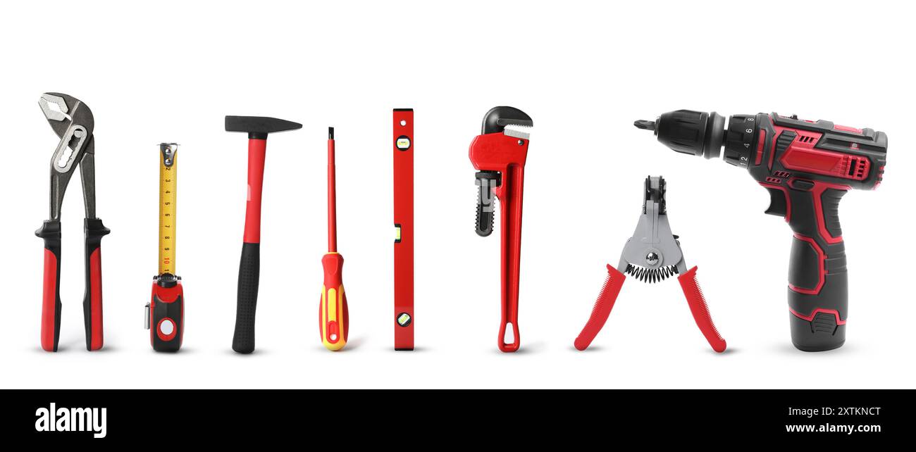 Set of different construction tools on white background Stock Photo - Alamy