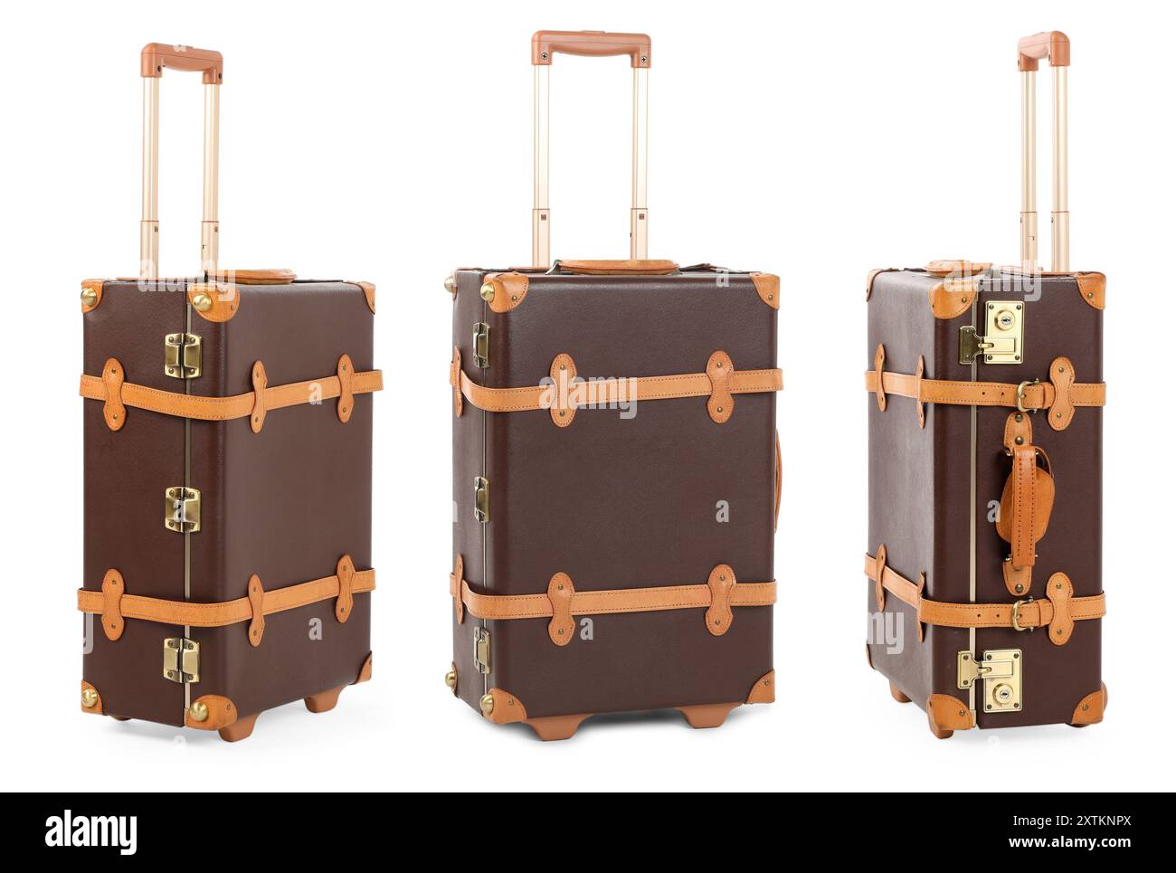 Set of old fashioned suitcase on white background, view from different ...