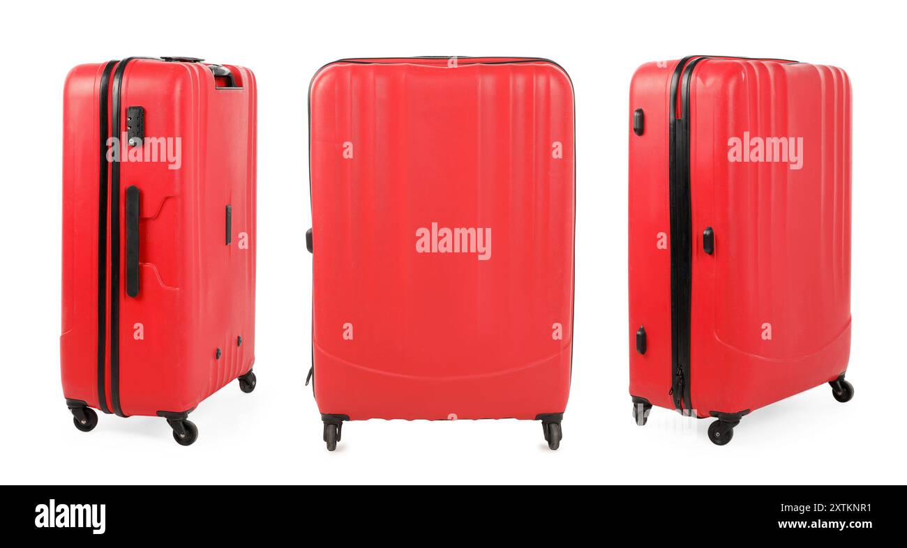 Set of red suitcase on white background, view from different sides ...