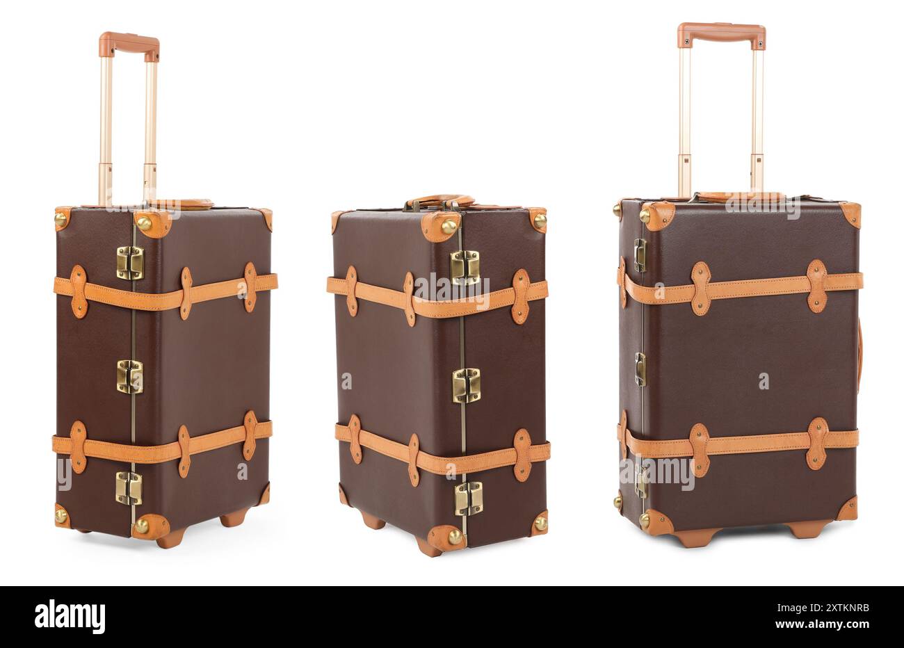Set of old fashioned suitcase on white background, view from different ...