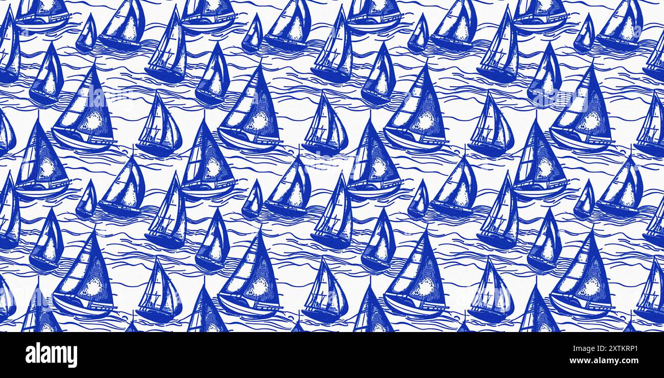 Coastal sail boat in azure ocean blue seamless border background ...
