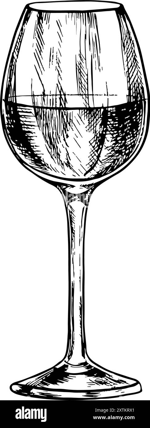 A glass of wine. Vector graphics, black and white hand-drawn ...