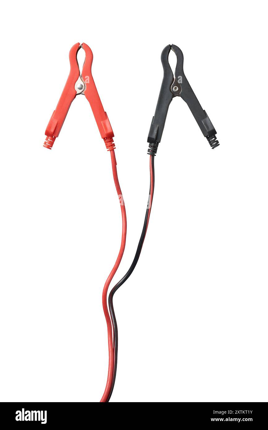 car battery jumper cables isolated white background, red and black ...