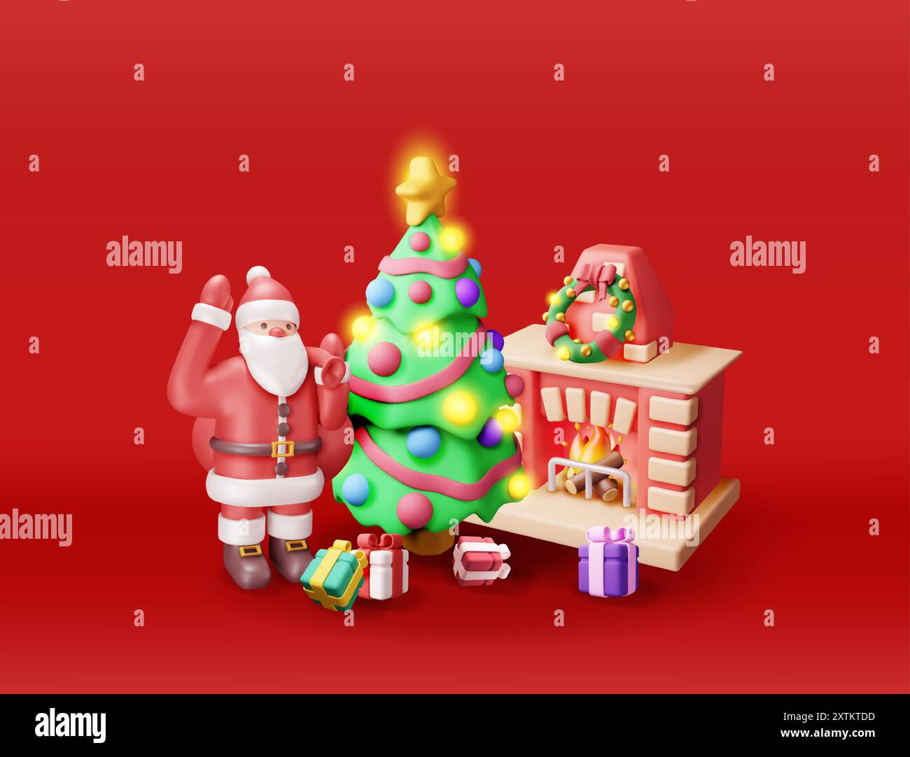 3D red brick new year fireplace and santa claus Stock Vector Image ...