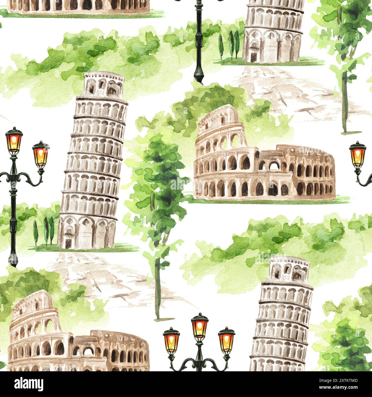 Travel to Italy Seamless pattern. Hand drawn watercolor illustration ...