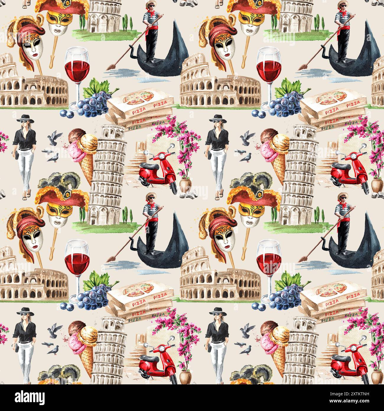 Travel to the Italy Seamless pattern. Hand drawn watercolor ...