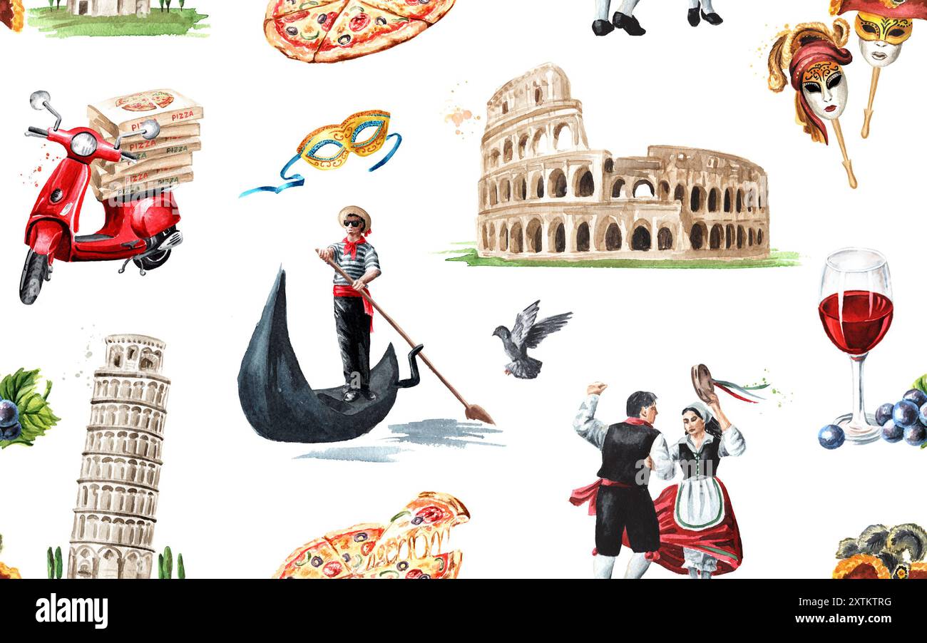 Travel to the Italy Seamless pattern, symbols. Hand drawn watercolor ...