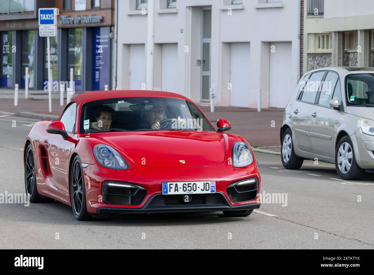 Le Havre, France - View on a red Porsche Boxster GTS driving on a ...