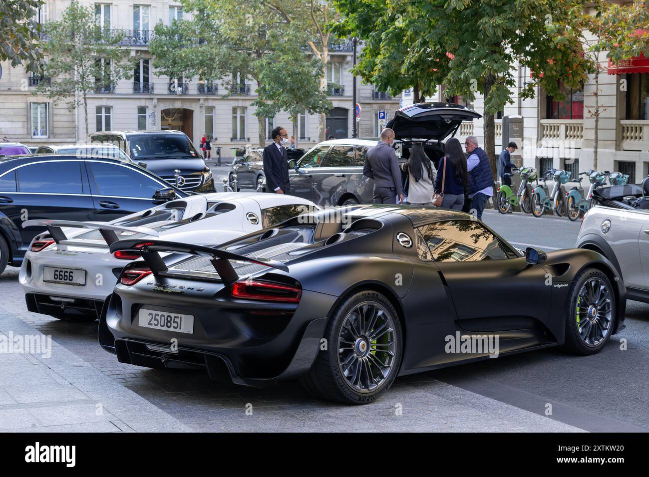 Paris, France - View on two Porsche 918 Spyder parked on a Parisian ...