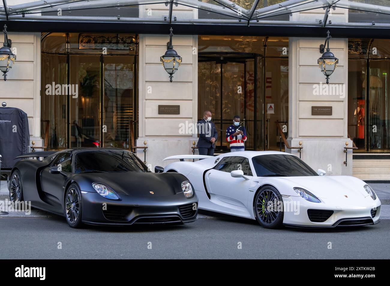 Paris, France - View on two Porsche 918 Spyder parked on a Parisian ...