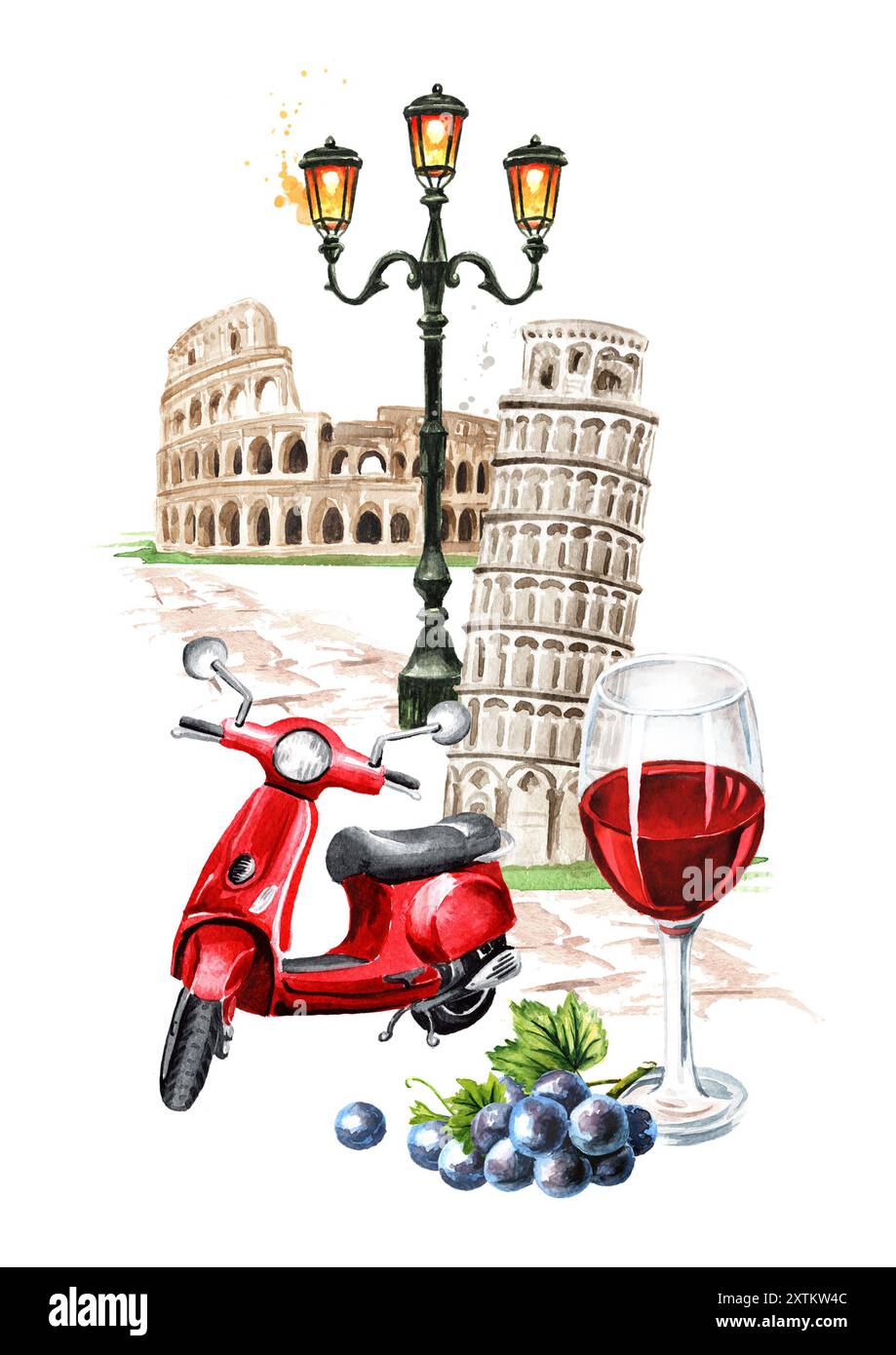 Welcome to Italy card. Italian landmarks and symbols. Hand drawn ...