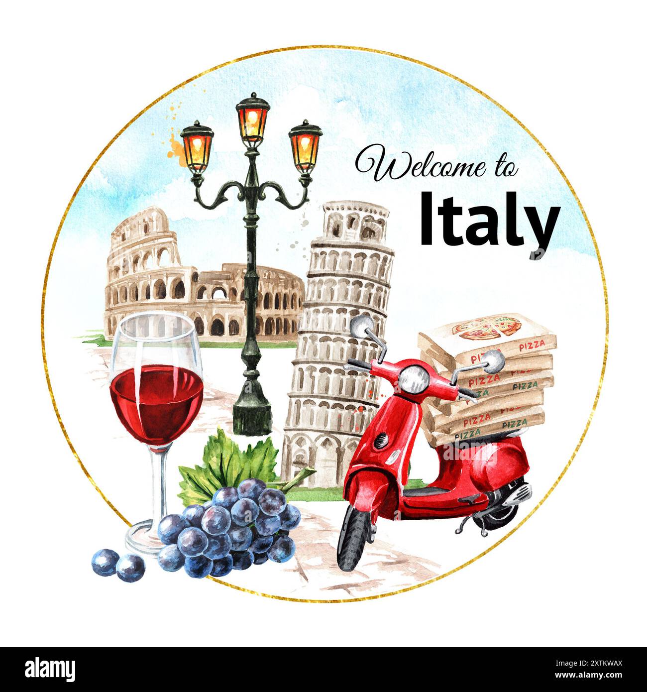 Welcome to Italy card. Italian landmarks and symbols. Hand drawn ...