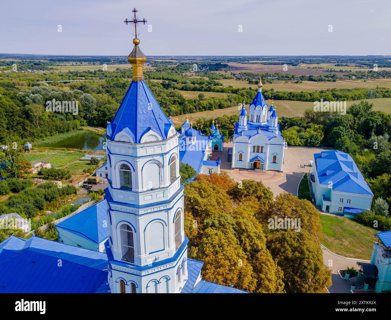 The aerial photo of chapel tower at Korennaya Pustyn monastery in Kursk ...