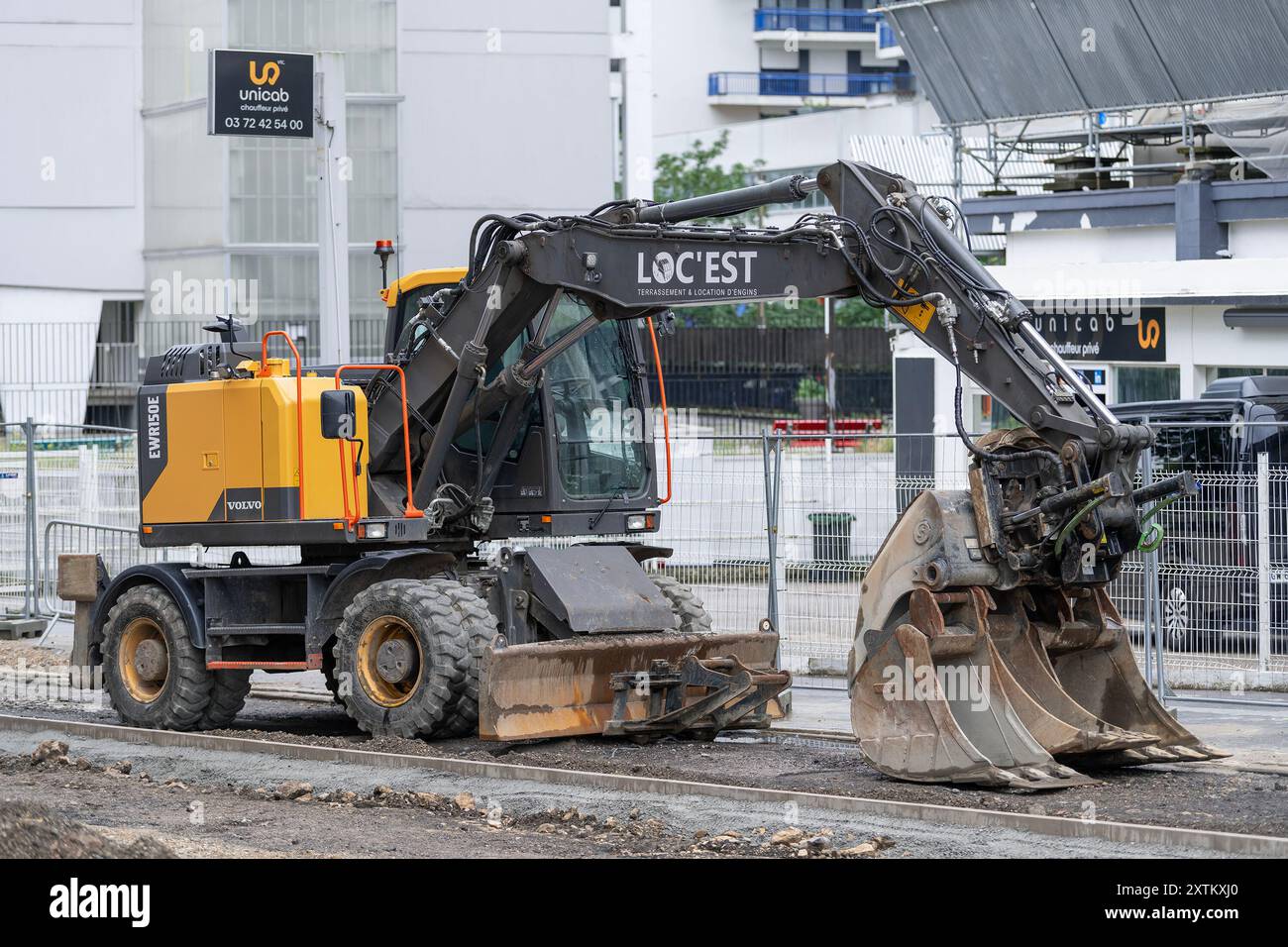 Nancy, France - View on a wheeled excavator Volvo EWR150E on a ...