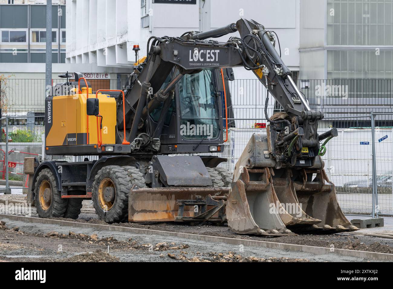 Nancy, France - View on a wheeled excavator Volvo EWR150E on a ...