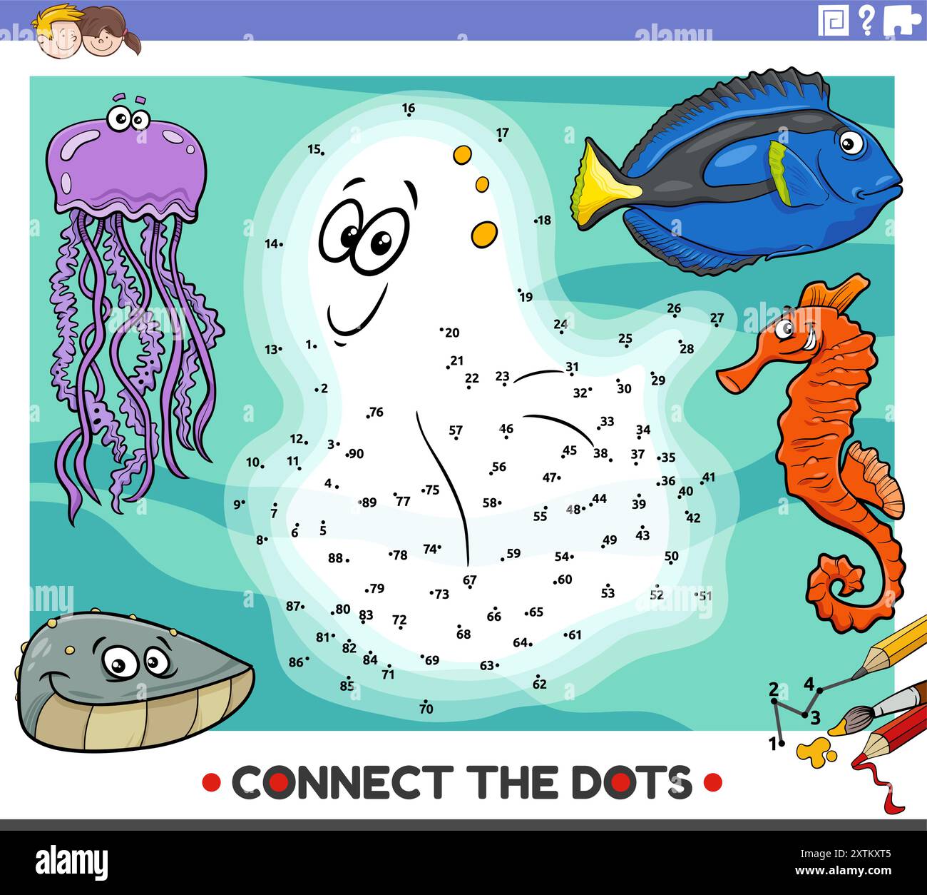 Cartoon illustration of educational connect the dots activity game with ...