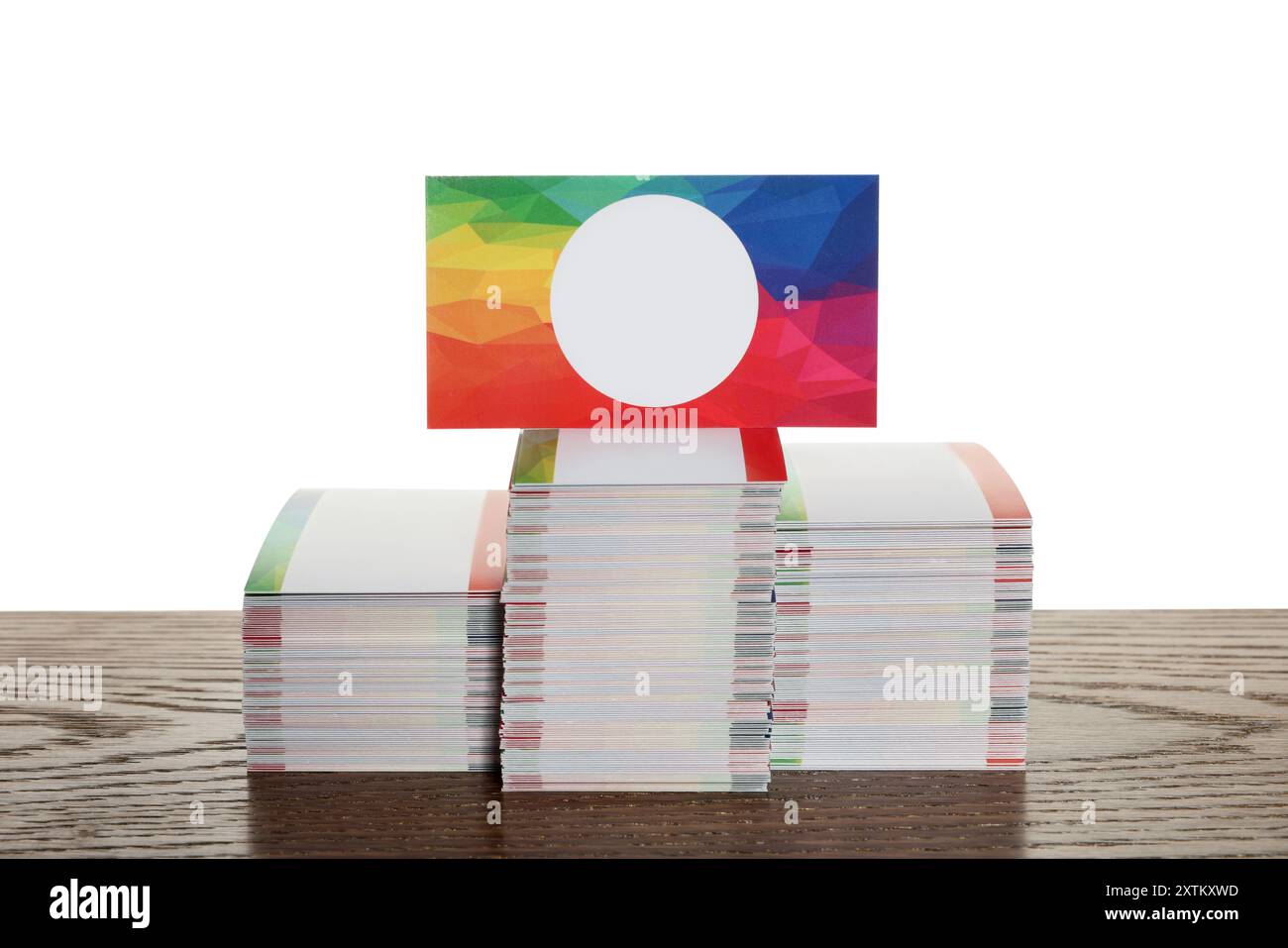 Many business cards on wooden table against white background Stock ...