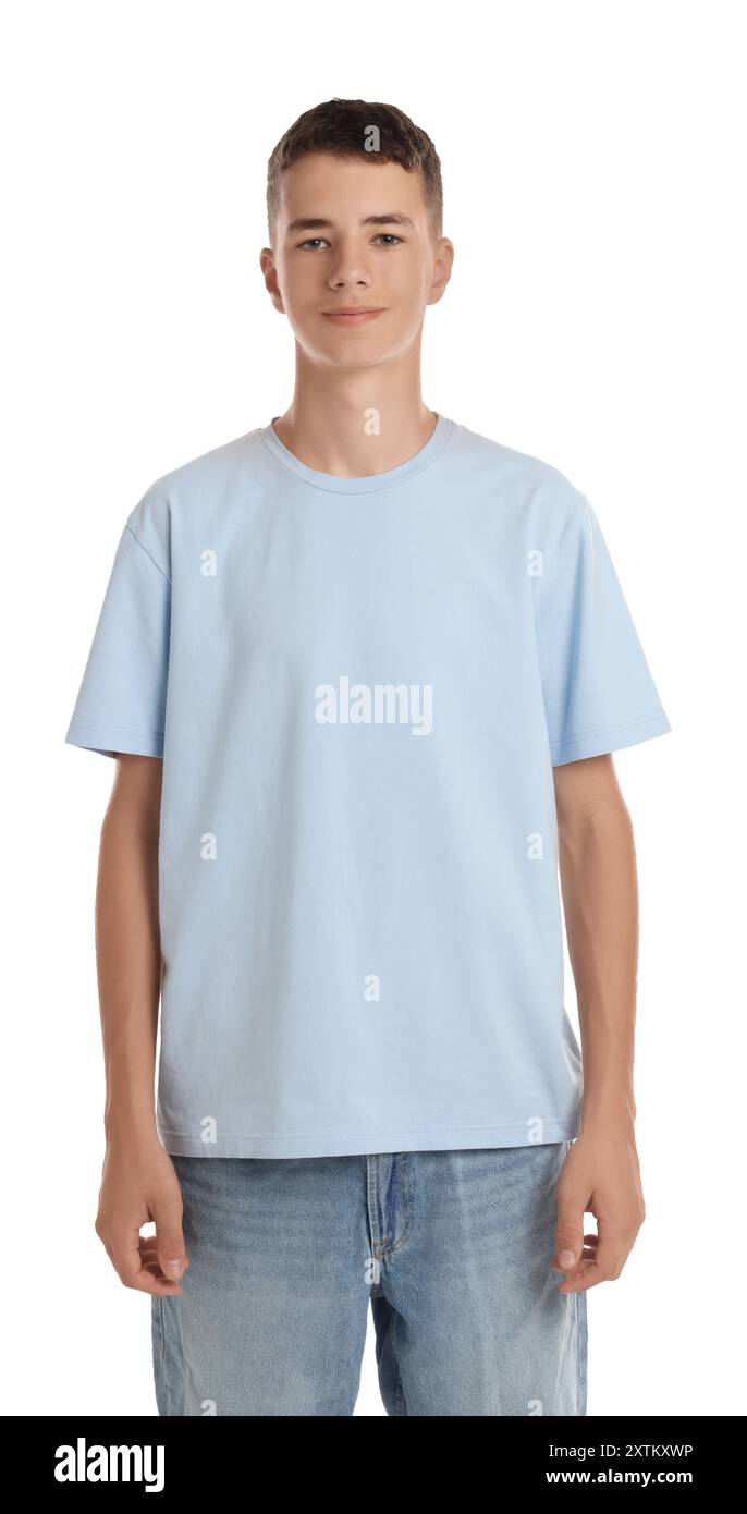 Teenage boy wearing light blue t-shirt on white background Stock Photo ...