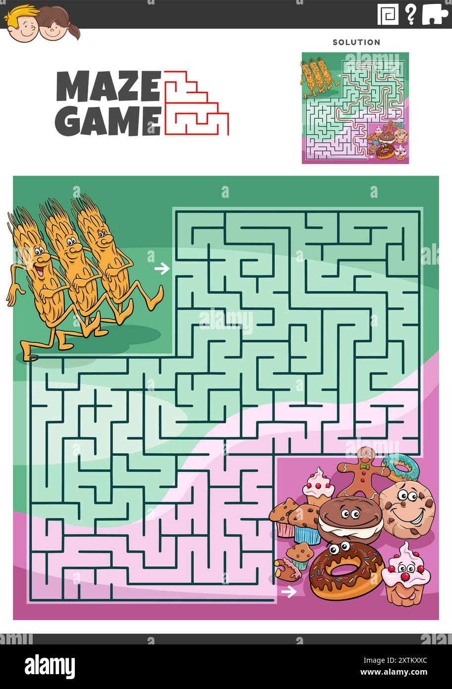 Cartoon illustration of educational maze puzzle game with ears of grain ...