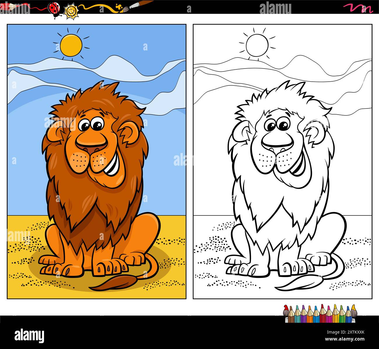 Cartoon illustration of lion wild animal character coloring page Stock ...