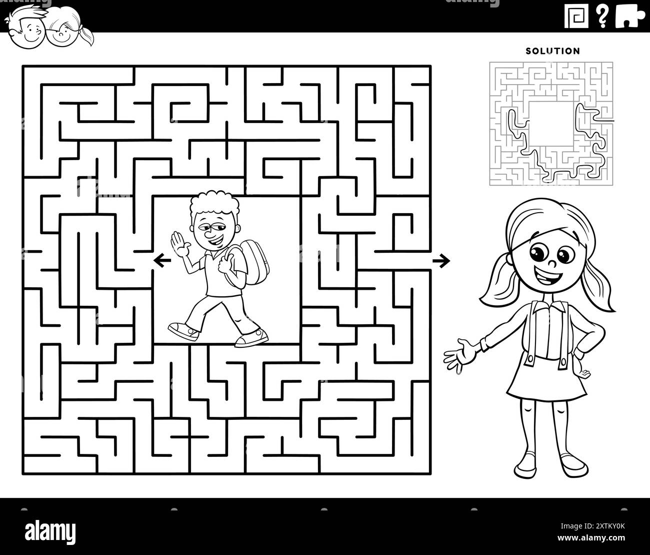 Cartoon illustration of educational maze puzzle activity with school ...