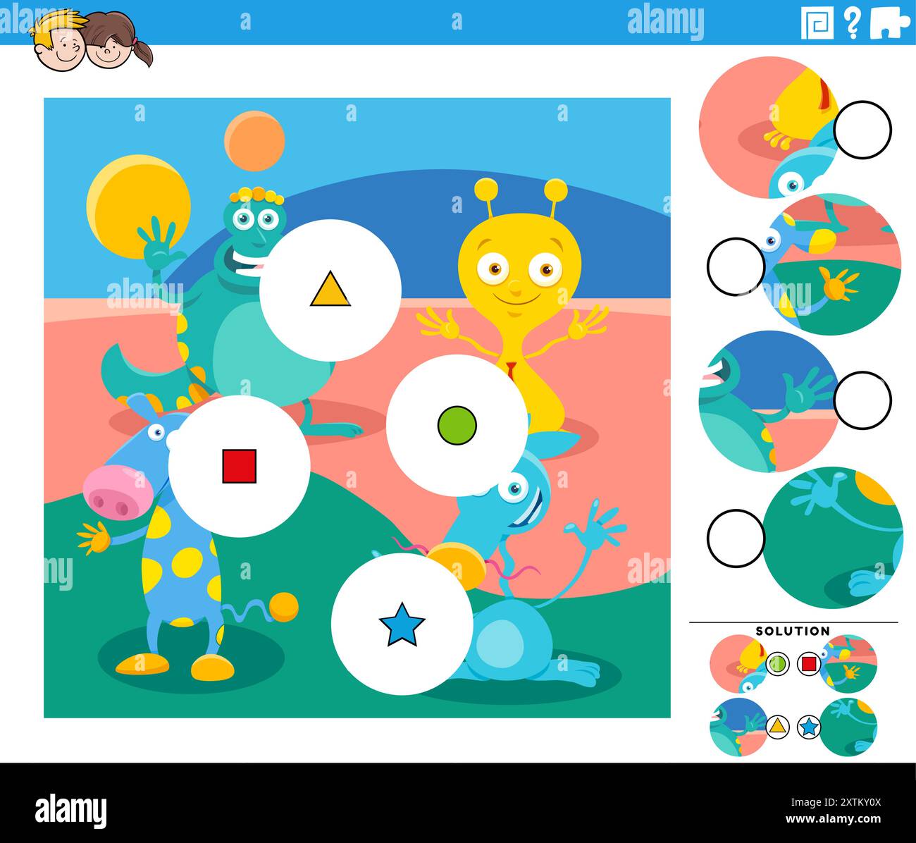 Cartoon illustration of educational match the pieces jigsaw puzzle game ...