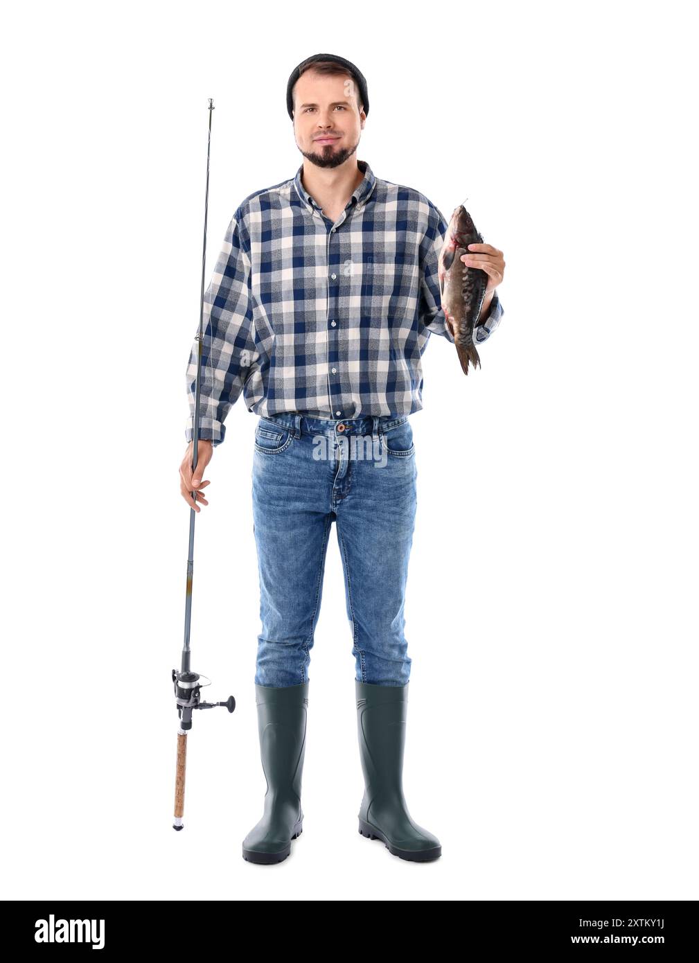 Fisherman with rod and caught fish isolated on white Stock Photo - Alamy