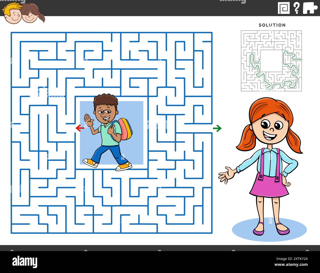 Cartoon illustration of educational maze puzzle activity with school ...