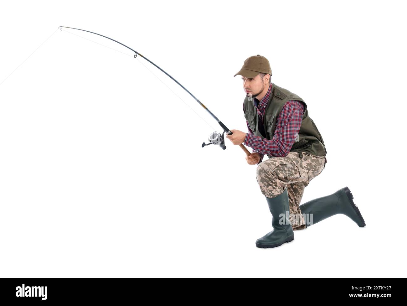 Fisherman with rod fishing on white background Stock Photo - Alamy