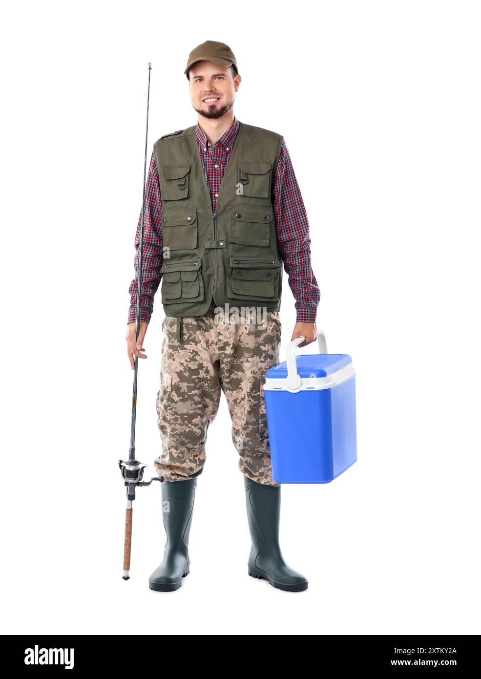 Smiling fisherman with rod and cooler box isolated on white Stock Photo ...