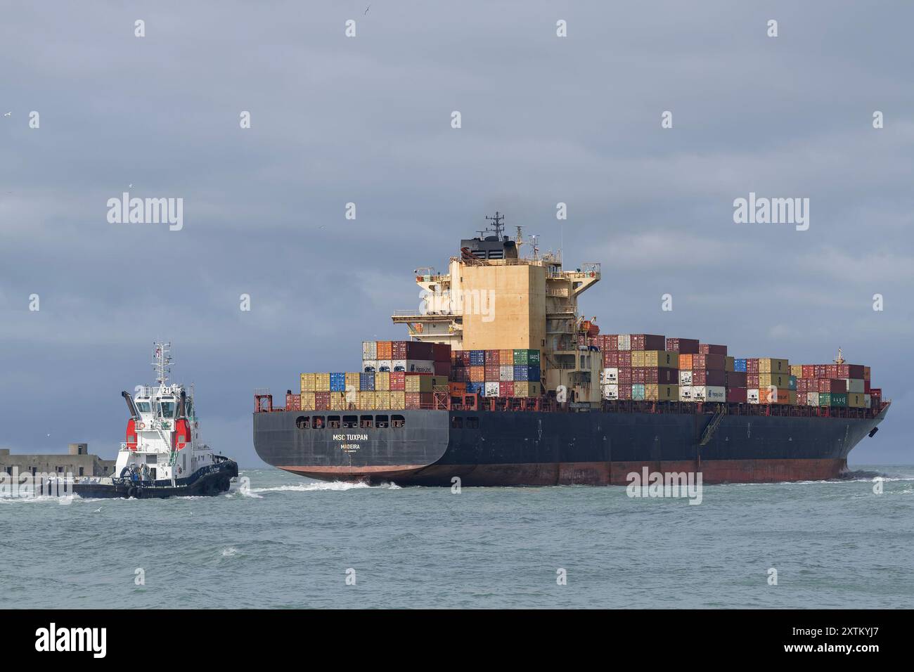 Le Havre, France - View on the container ship MSC TUXPAN departing port ...