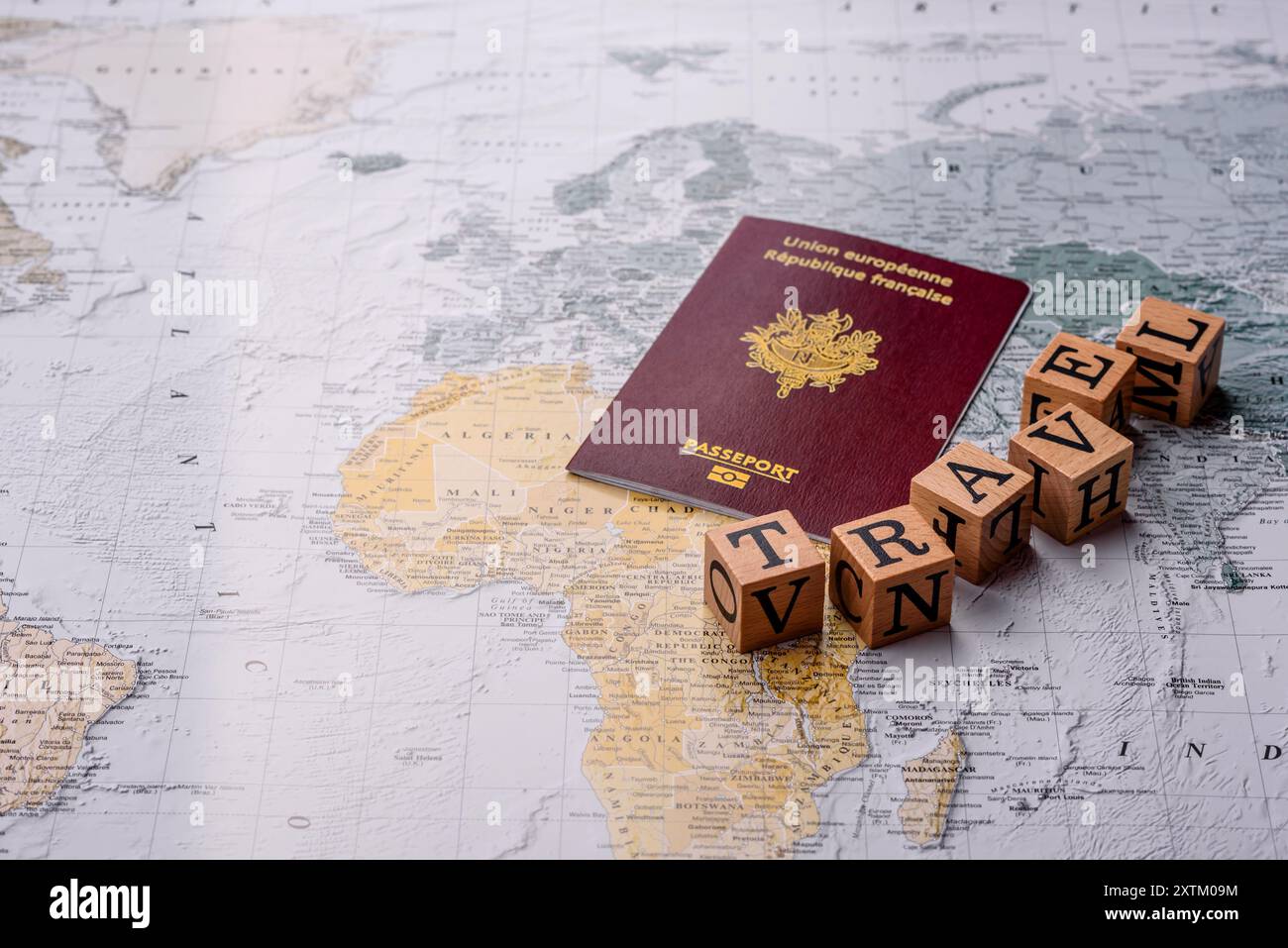 Conceptual background for travel with passport, magnifying glass, world ...