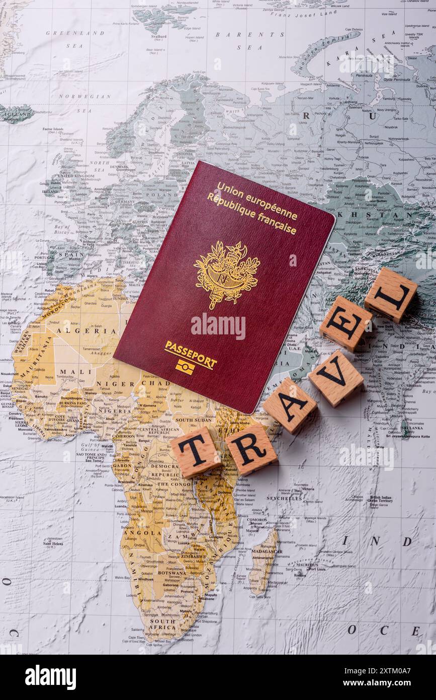 Conceptual background for travel with passport, magnifying glass, world ...