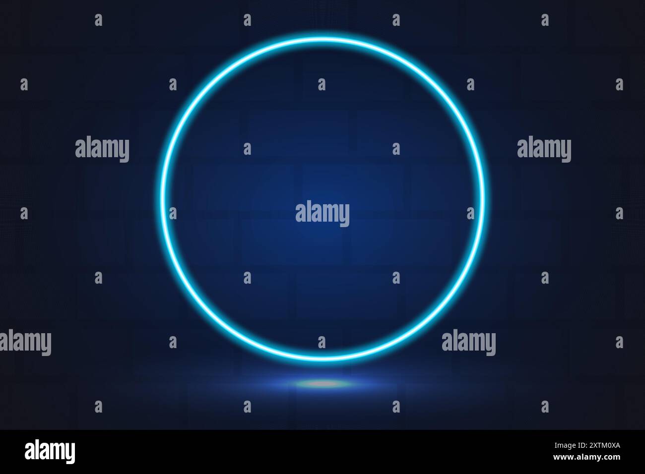 Neon glowing circle, sign, frame in blue colour with brick wall on ...