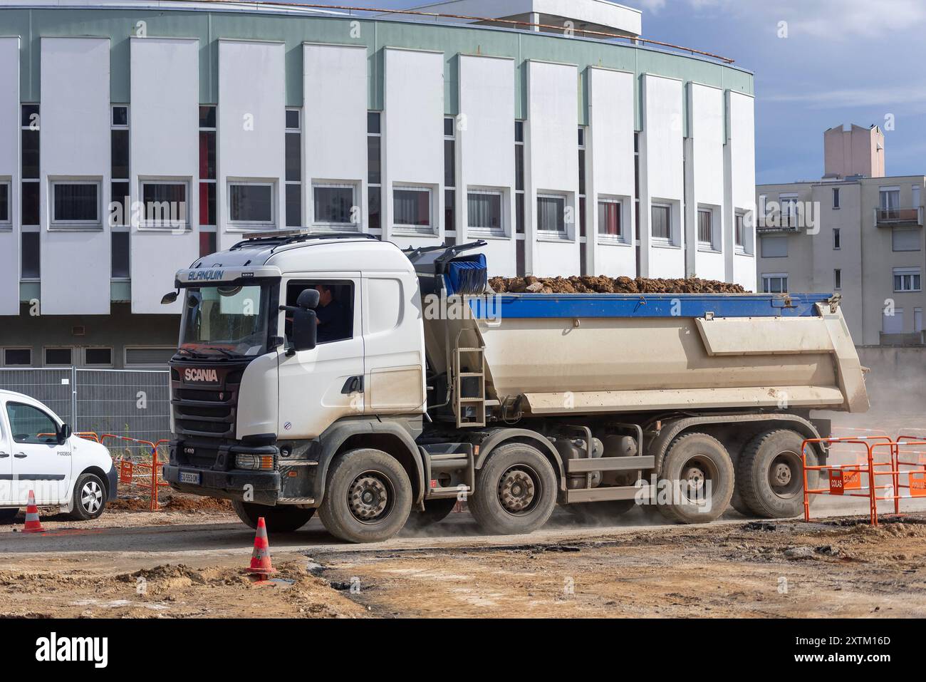 Nancy, France - View on a white dump truck Scania G410 for earthworks ...