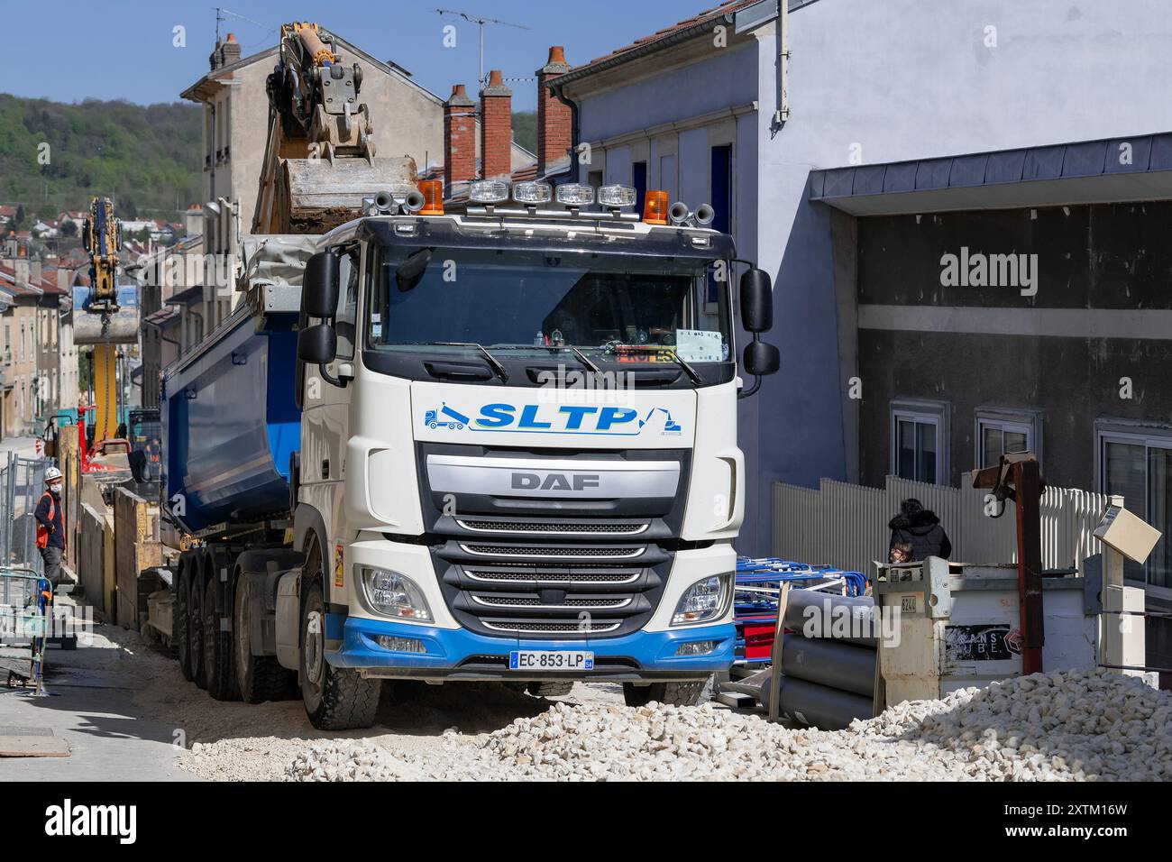Nancy, France - View on a white truck DAF XF 510 with a blue tipper ...