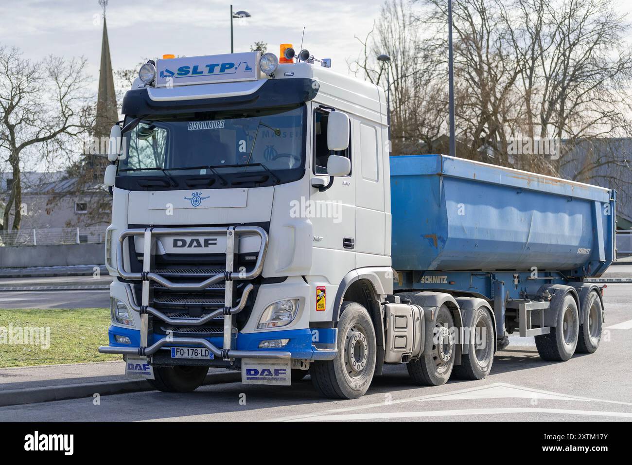 Nancy, France - View on a white truck DAF XF 530 with a blue tipper ...