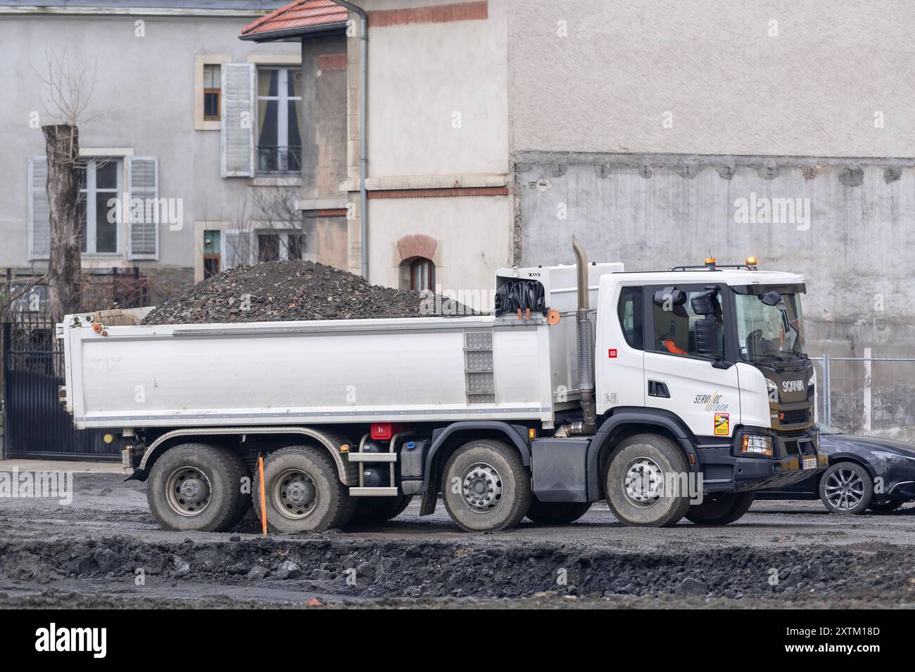 Nancy, France - View on a white dump truck Scania P410 XT for ...