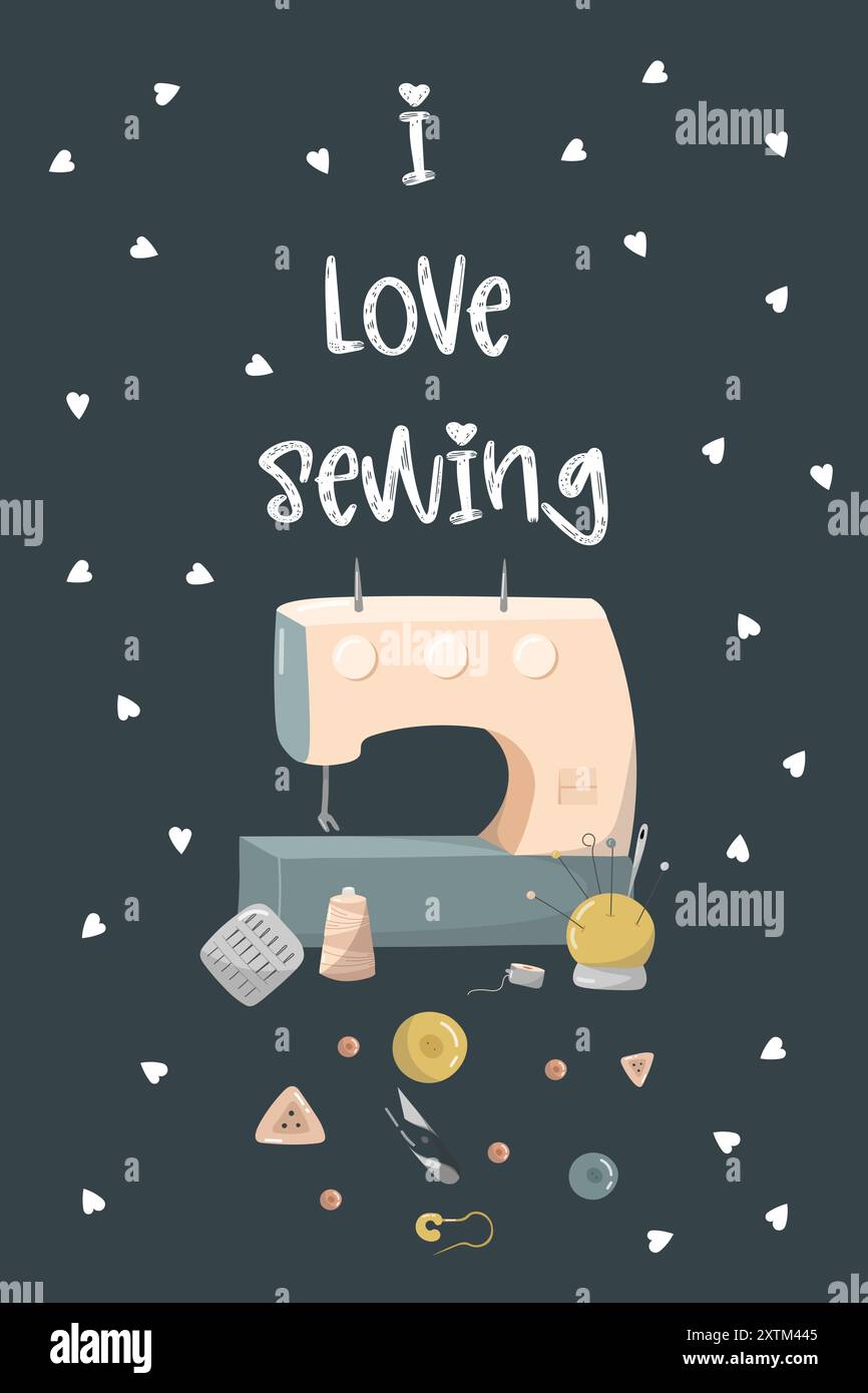 Vector illustration with sewing supplies, sewing machine, needles ...