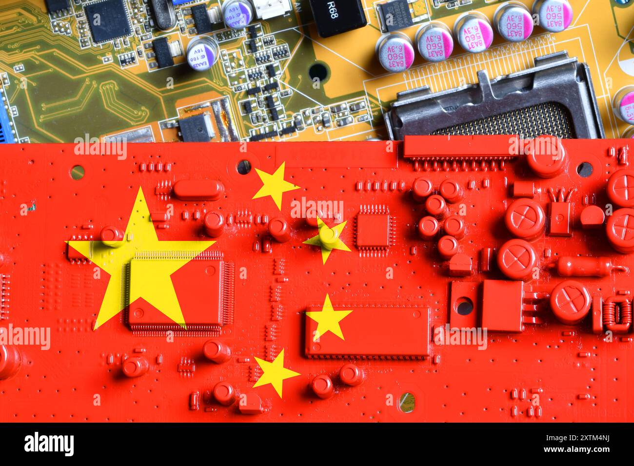 Flag of the Republic of China on a red painted pc motherboard. Concept ...