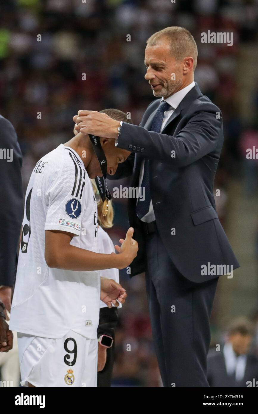 Kylian Mbappe of Real Madrid (L) and Aleksander Ceferin (R) seen during the ceremony after the ...