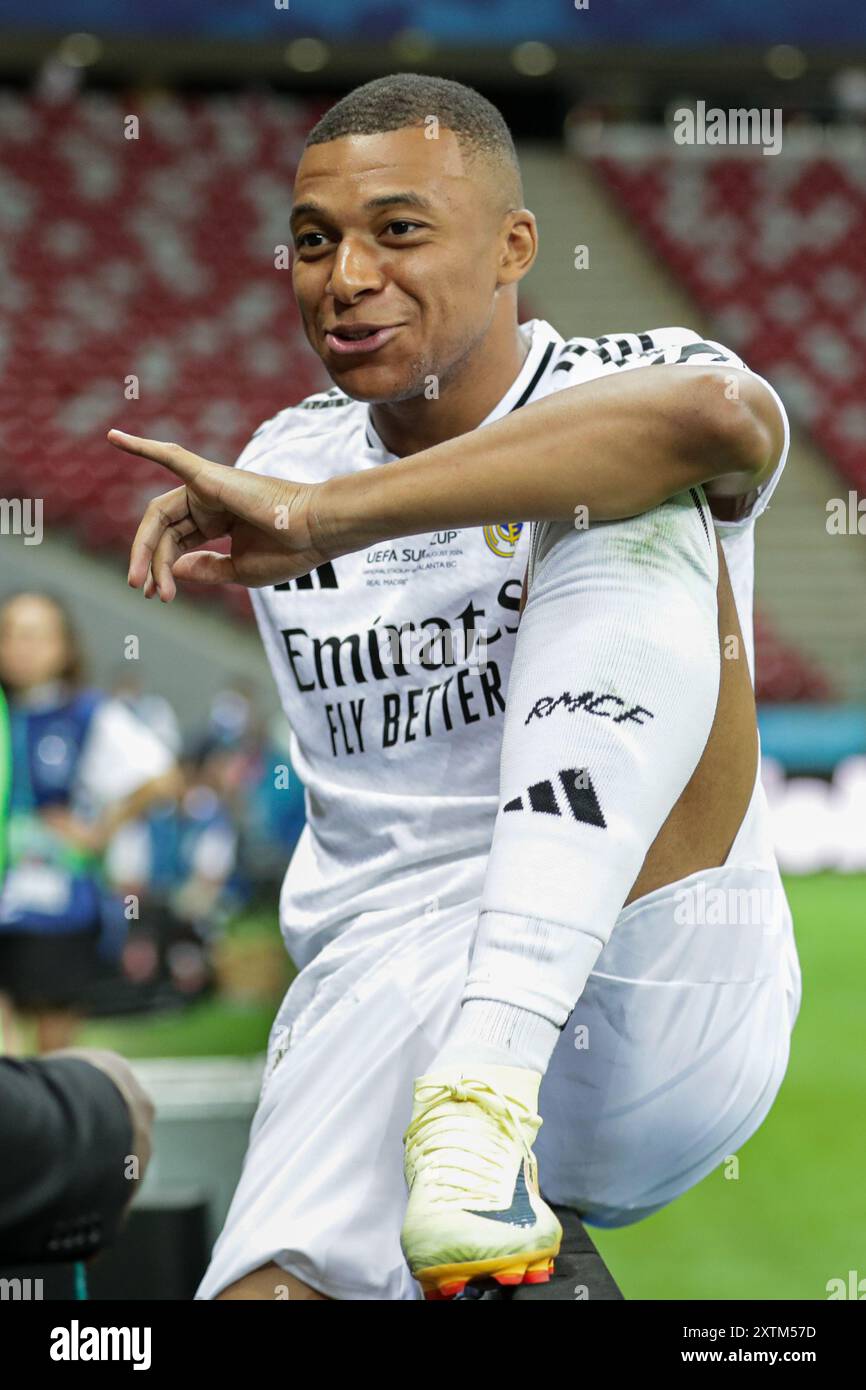 Kylian Mbappe of Real Madrid seen after the ceremony during the UEFA ...
