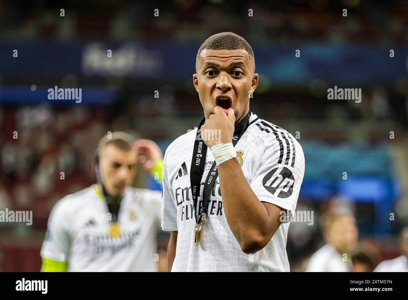 Kylian Mbappe of Real Madrid seen after the ceremony during the UEFA ...