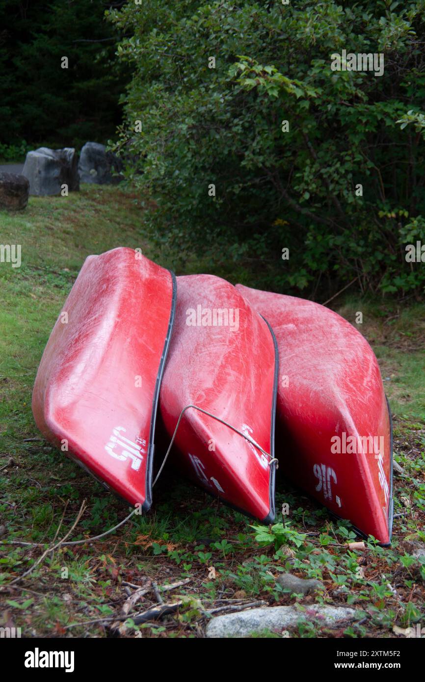 Three red canoes Stock Photo - Alamy